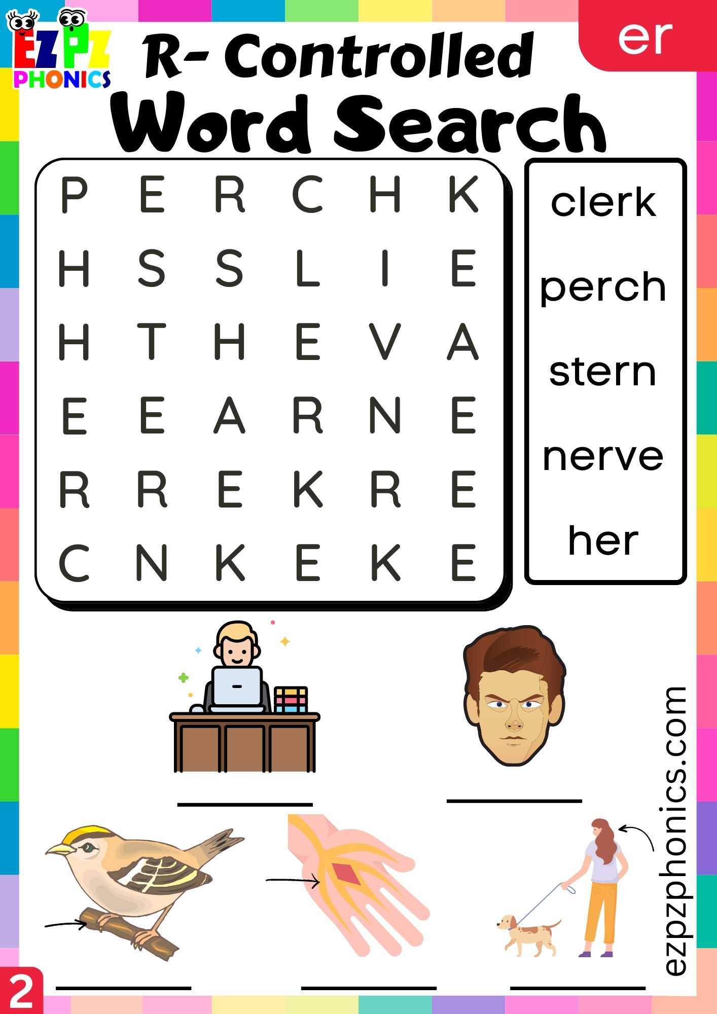 Word search activity for er words R controlled vowels phonics group 2 - ezpzphonics.com